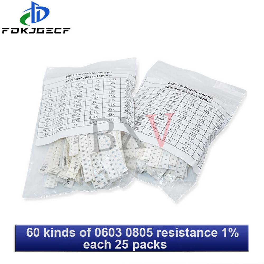 SMD 0603 0805 1500PCS/Set Resistors Assorted Set (60 Values X 25Pcs) 0R-10M Ohm 1% High ...