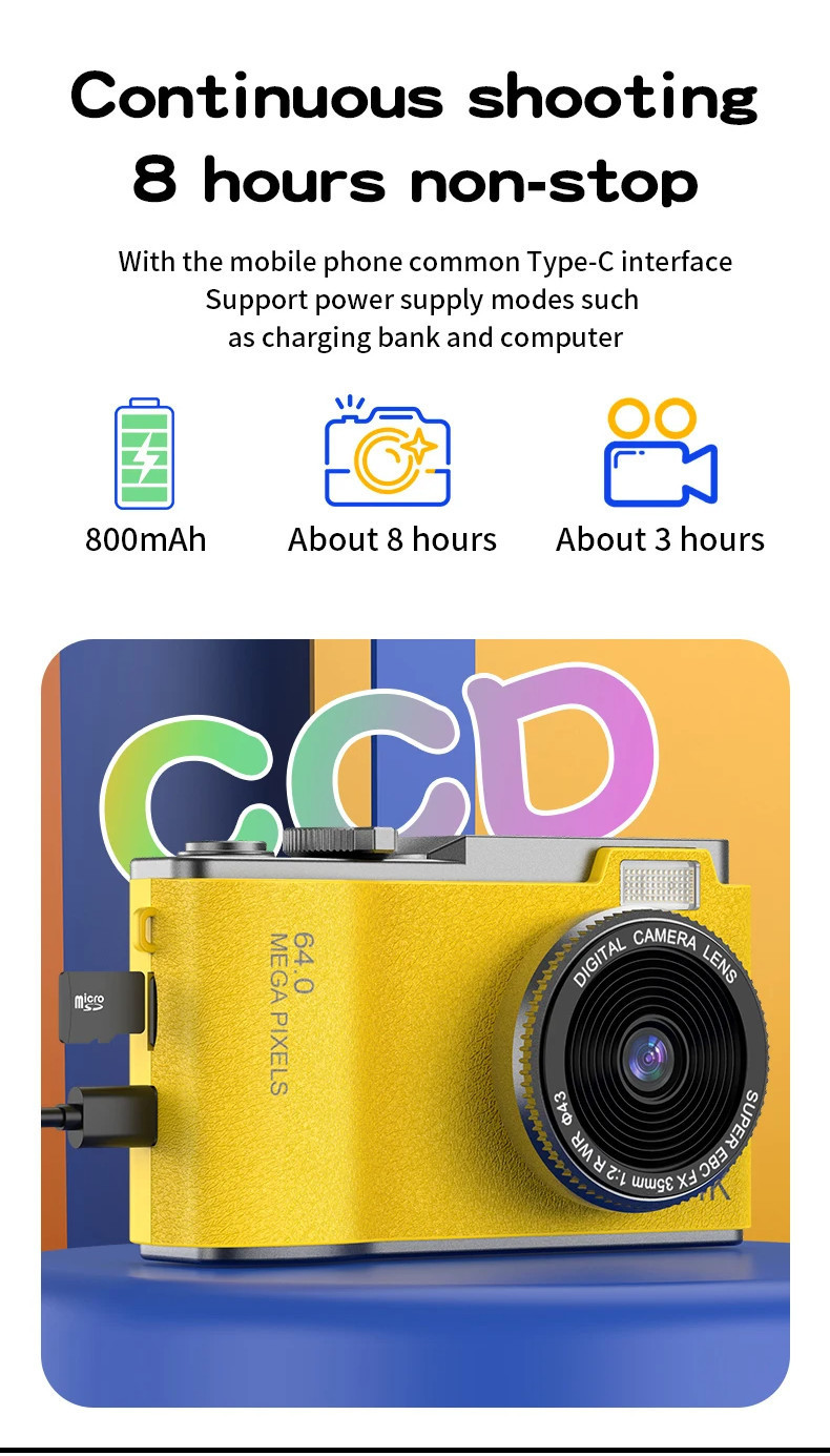 Digital Camera 4K HD Kid Camera 64MP Autofocus Vlogging Camera 2.4 inch Retro Fashion Portable ...
