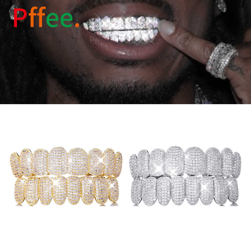 Pffee Hip Hop Teeth Grillz Rhies Iced Out Sier Gold Plated Tooth ...