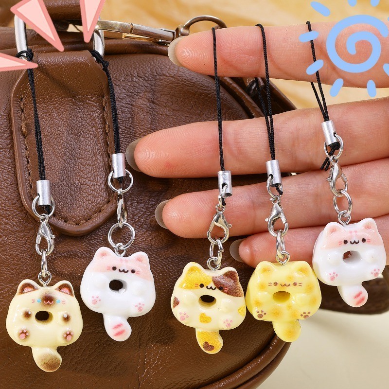 2/6Pcs Cute Cat Donut Mobile Phone Rope Pendant - Cartoon Mini Dessert ...