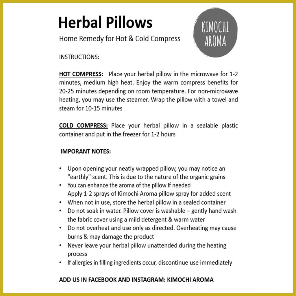 Kimochi Aroma Herbal Pillow with Aromatherapy for Hot and Cold Compress ...