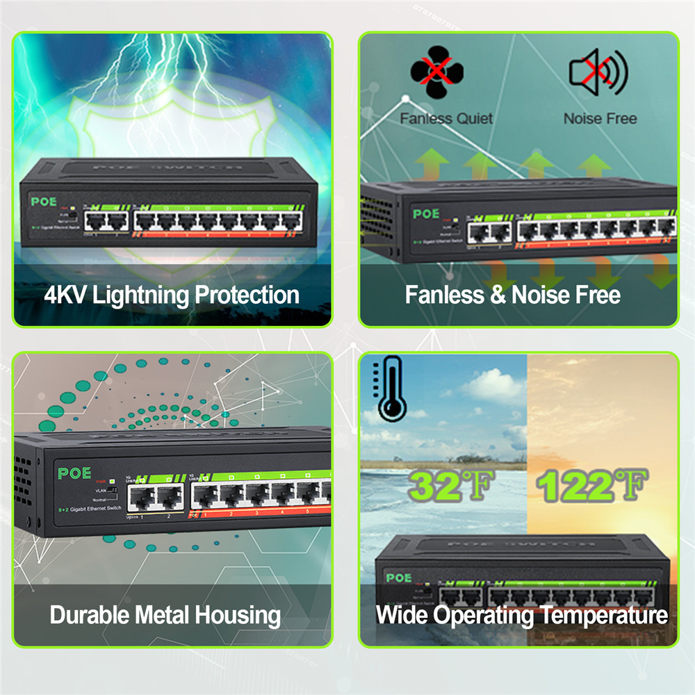 Gigabit Switch 8 Port 10/100/1000Mbps POE Switch 2 Port 1000Mbps Uplink Ethernet Switch 52V 120W ...