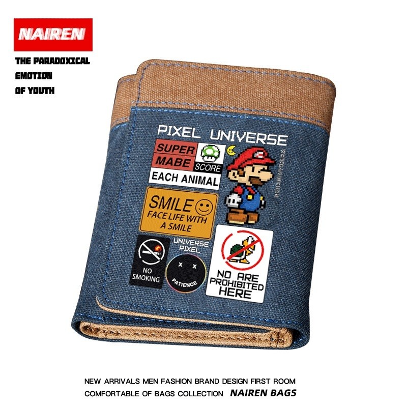 Super Mario Wallet Men's Coin Purse One-Piece Two-in-One Denim Wallet ...