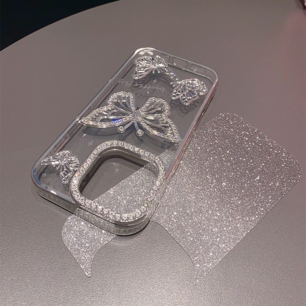 Glitter Butterfly Phone Case for iPhone 16 Pro Max Luxury Bling Diamond Transparent Plating ...