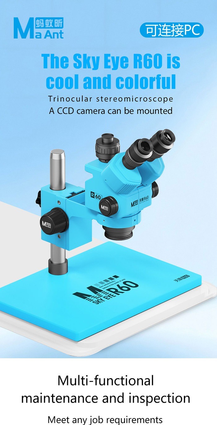 MaAnt Sky Eye R60 Trinocular Microscope with 7-60X Zoom 0.7X-6.0X ...