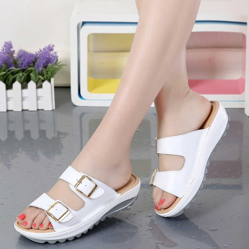 ick Soled Slippers Flat Bottomed Women's Beach Shoes Leather Sandals ...