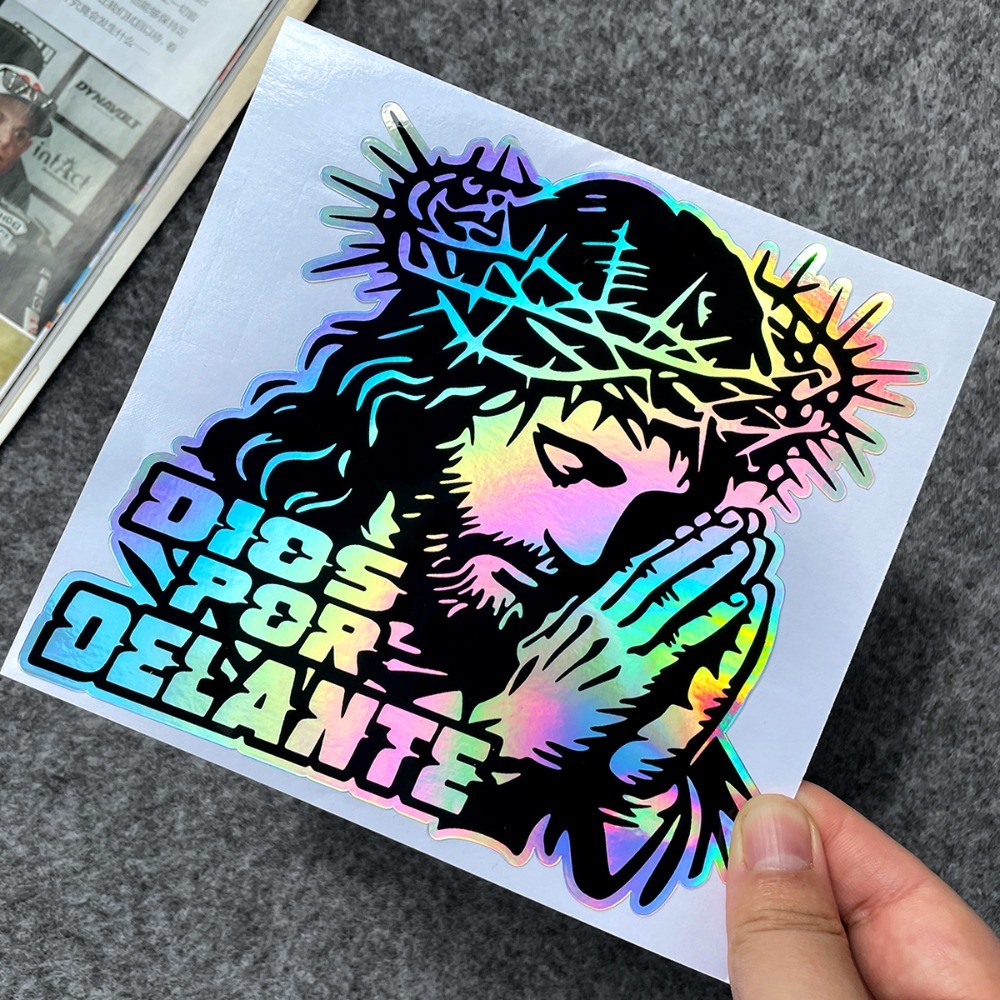 DIOS POR DELANTE Motocycle Sticker - Jesus Cross Car Decal - Holographic Waterproof Scratch ...