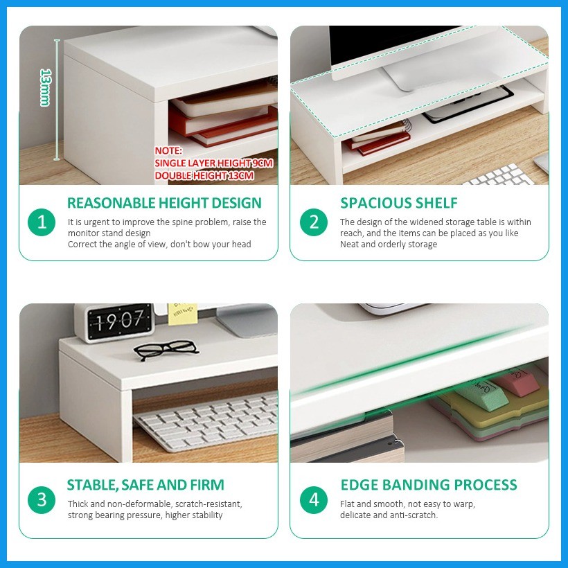 ⊙ 1/2 Tier Monitor Stand Computer Screen Increased Shelf Wooden Desktop ...