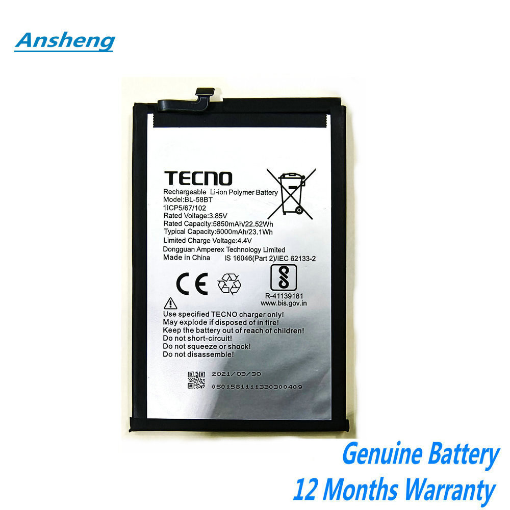 92 Original 3 3.85V 6000Mah Bl-58Bt Battery For TECNO Lc7 6 Air Ke6 ...