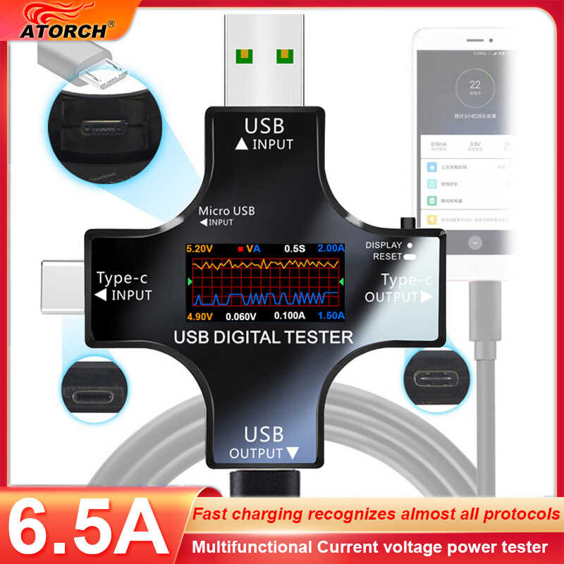 USB 6.5A DC Type-C PD Digital Voltmeter Amper Voltage Current Monitor ...
