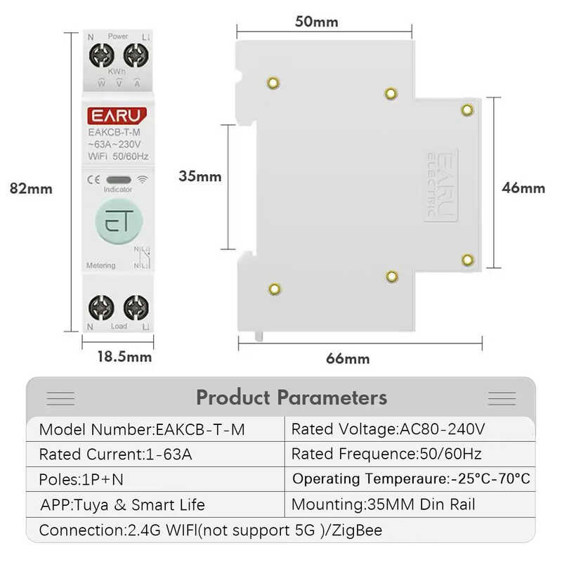 Wifi Tuya Zigbee Smart Circuit Breaker MCB 1P+N 63A Power Energy Kwh ...