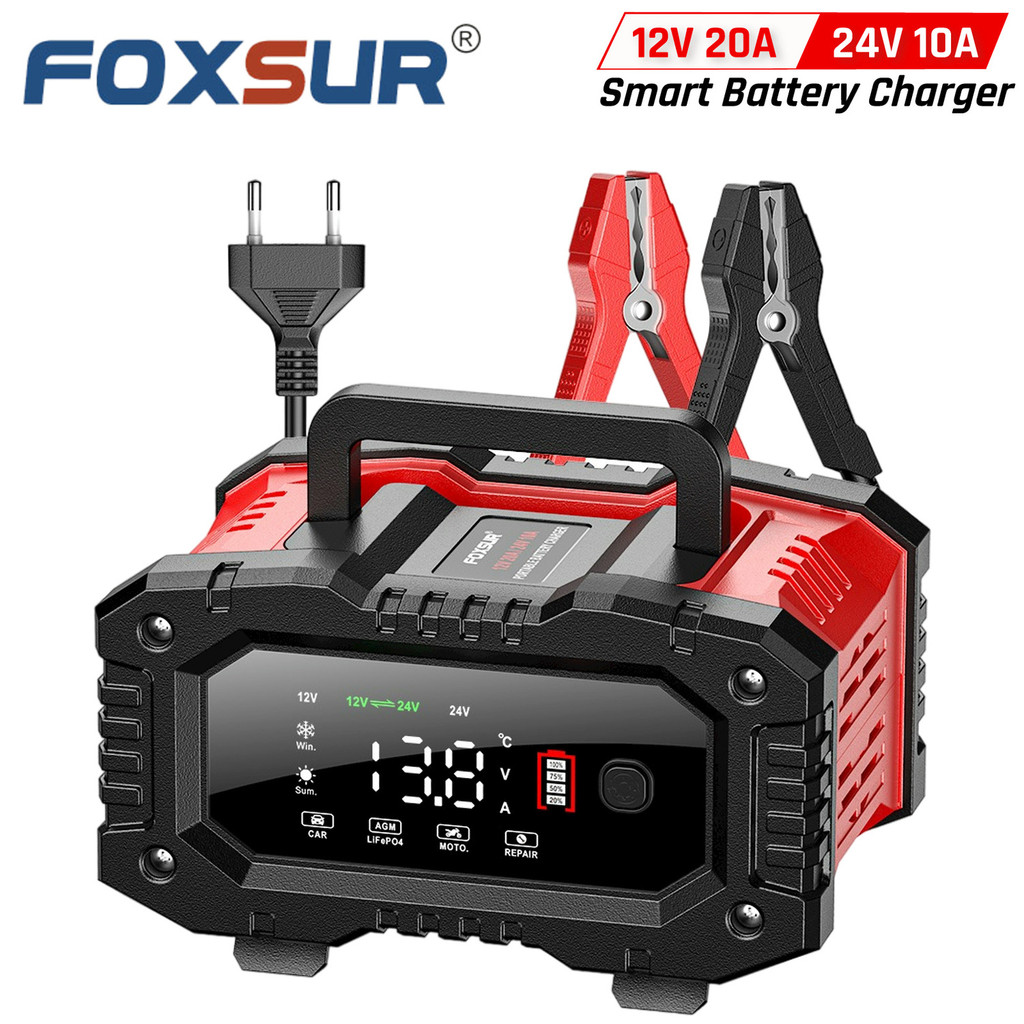 FOXSUR Portable 20A Smart Chargers 12V 24V For Car Motorcycle Truck AGM Lifepo4 Lead Acid ...
