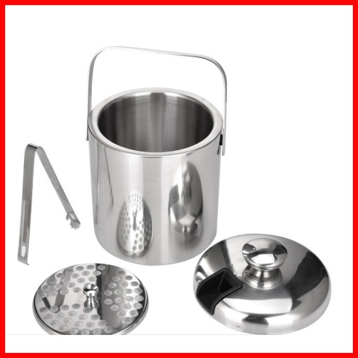 ๑ Double wall ice bucket, stainless steel ice container, with ice clamp ...