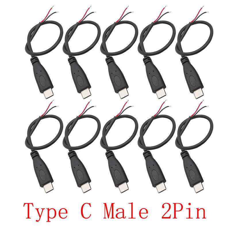10Pcs 2 7D Black 5V USB Type C Male Plug 2 Pin To Bare Open End Wire ...
