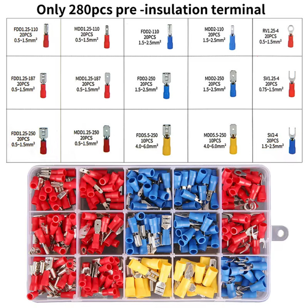 280pcs Terminal Lugs Assorted Crimp Spade Terminal Wire Flat Female and Male Insulated ...