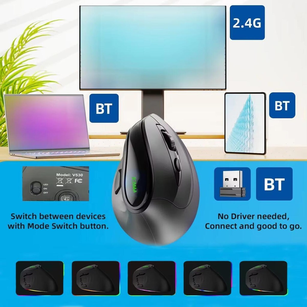RGB Rechargeable Vertical Mouse 2.4G and BT 5.1 Wireless Mice Ergonomic ...