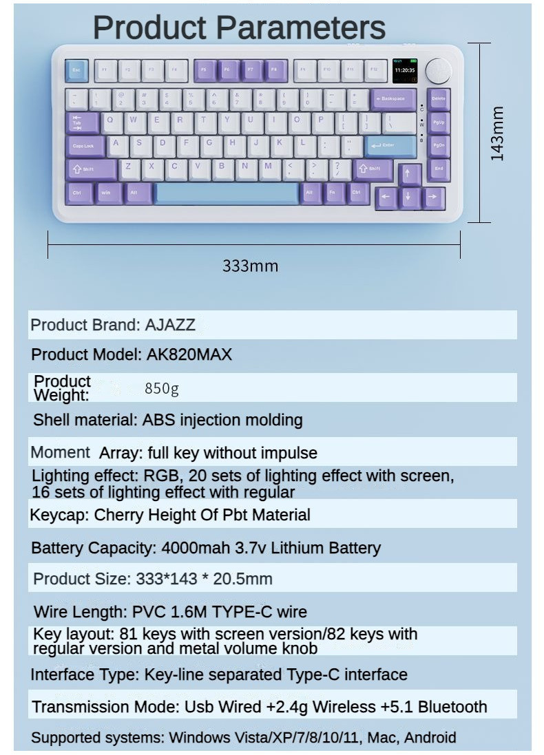 AJAZZ AK820MAX Mechanical Keyboard Three-mode Bluetooth 2.4g Wireless RGB Gasket Structure TFT ...