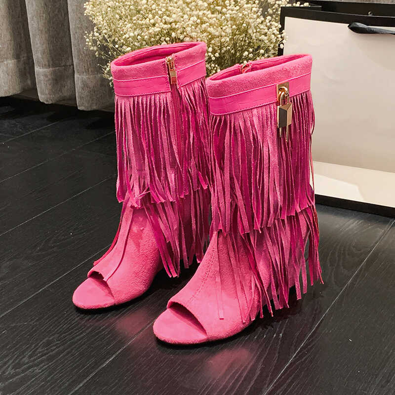 Kcenid Trendy New Fold Design Fringe Wedges Boot Woman High Heels Peep ...