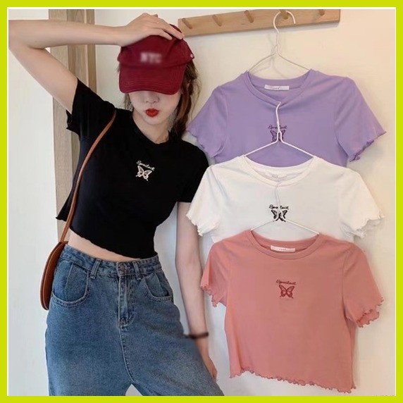 ∨ 100% ← ⚠️ Korean Butterfly Embroidered crop tops short sleeve tees Tshirt 4color | Shopee ...