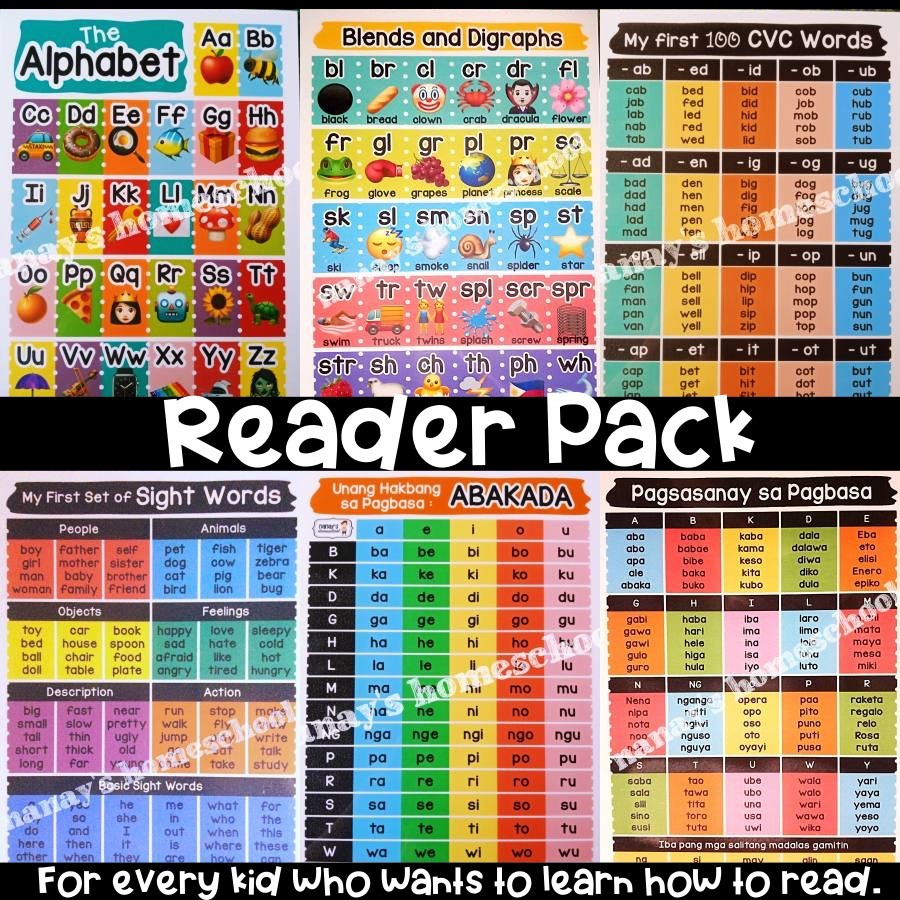 ♞READER Pack Laminated Educational Charts - Alphabet, Blends, Abakada ...