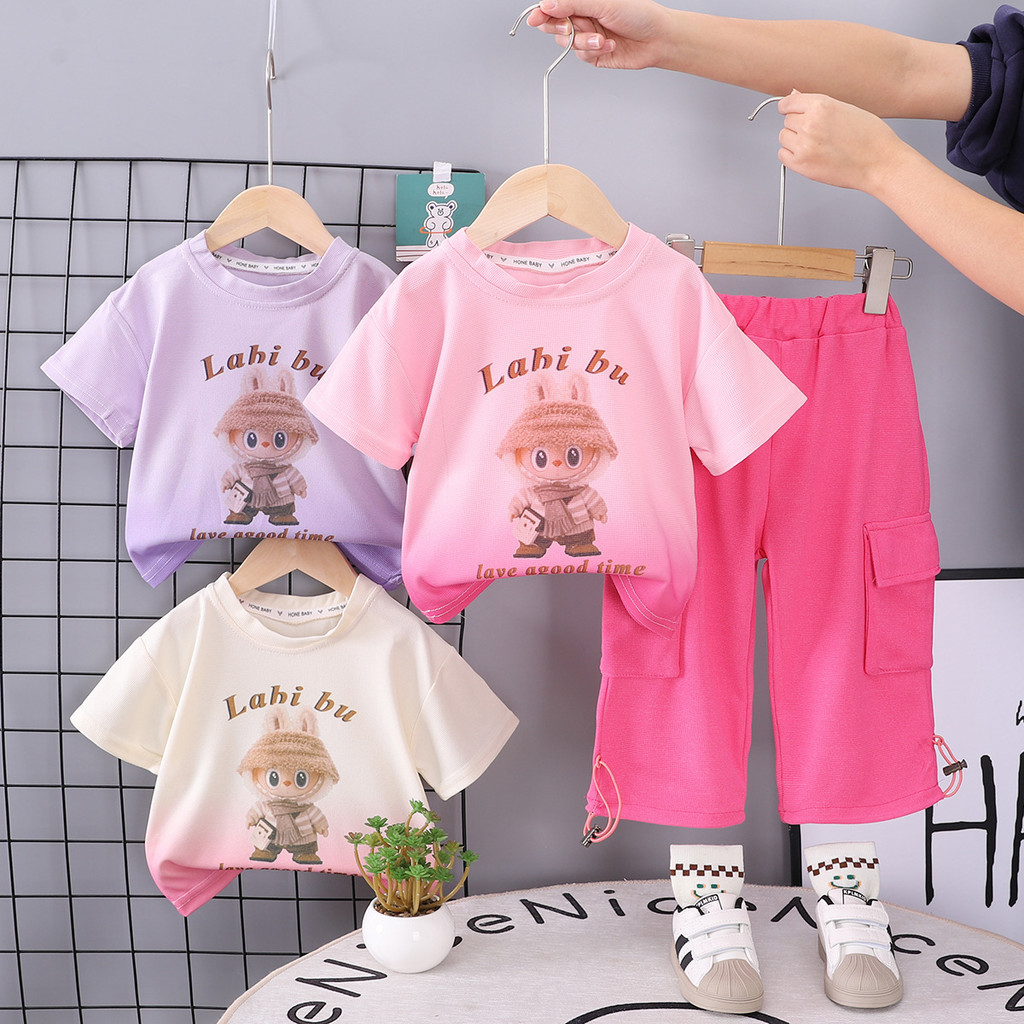 Labubu Kids Girl Outfit Round Neck Soft Shirt + Solid Color Pants with ...