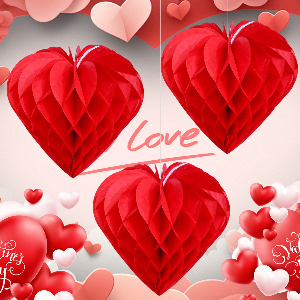 Paper Heart Shaped Honeycomb Flower Balls - Red Love Folding Fan ...