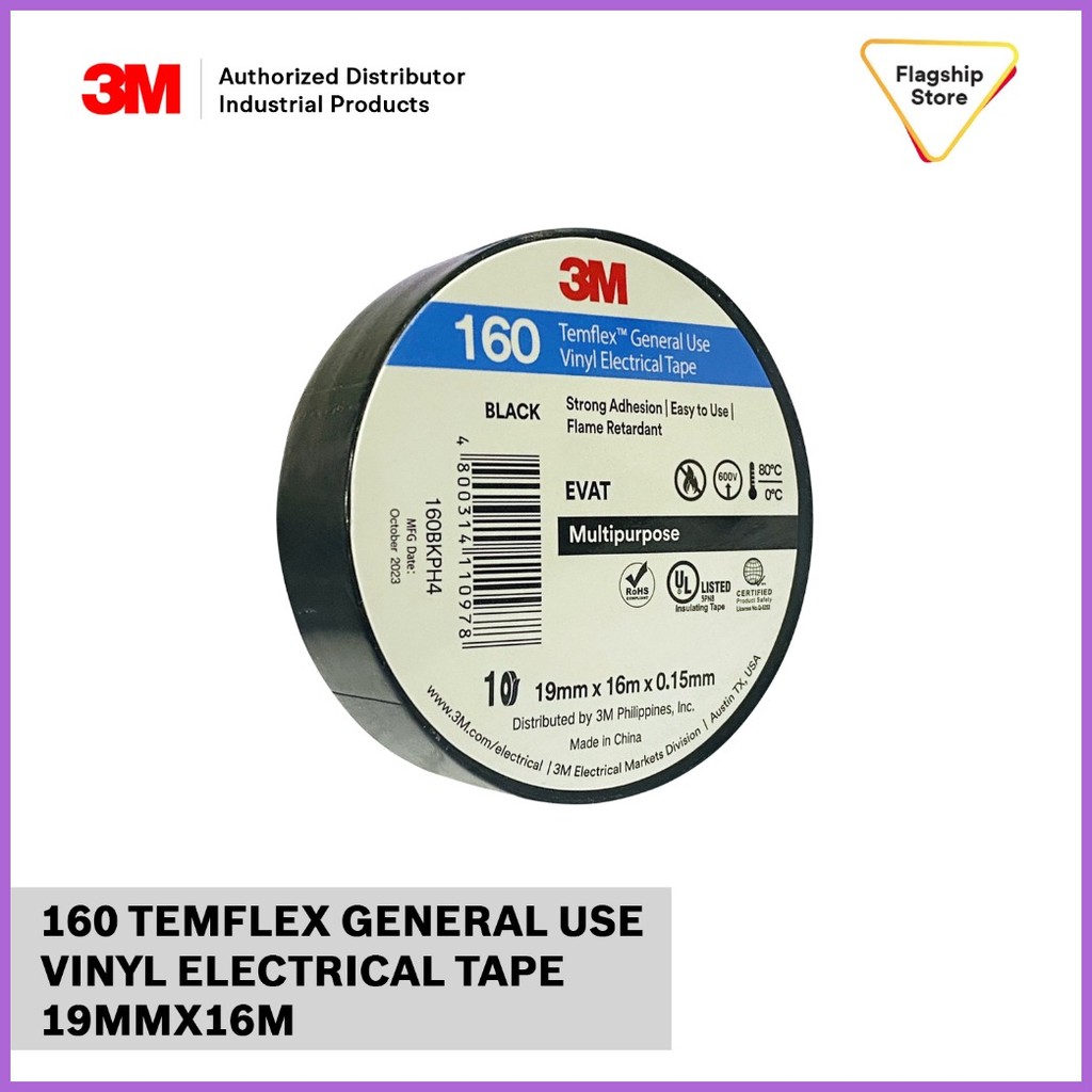 ☪ 3M 160 TEMFLEX GENERAL USE VINYL ELECTRICAL TAPE 19MMX16M | Shopee ...