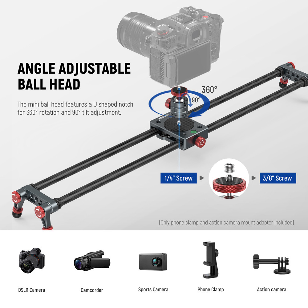 NEEWER 24"/60cm Carbon Fiber Camera Slider, Dolly Rail Track with 360 ...