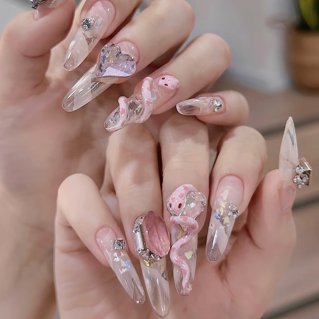 Pink Snake Baby Ice Translucent Nail Art Long Teardrop Pink Sweet Cute ...