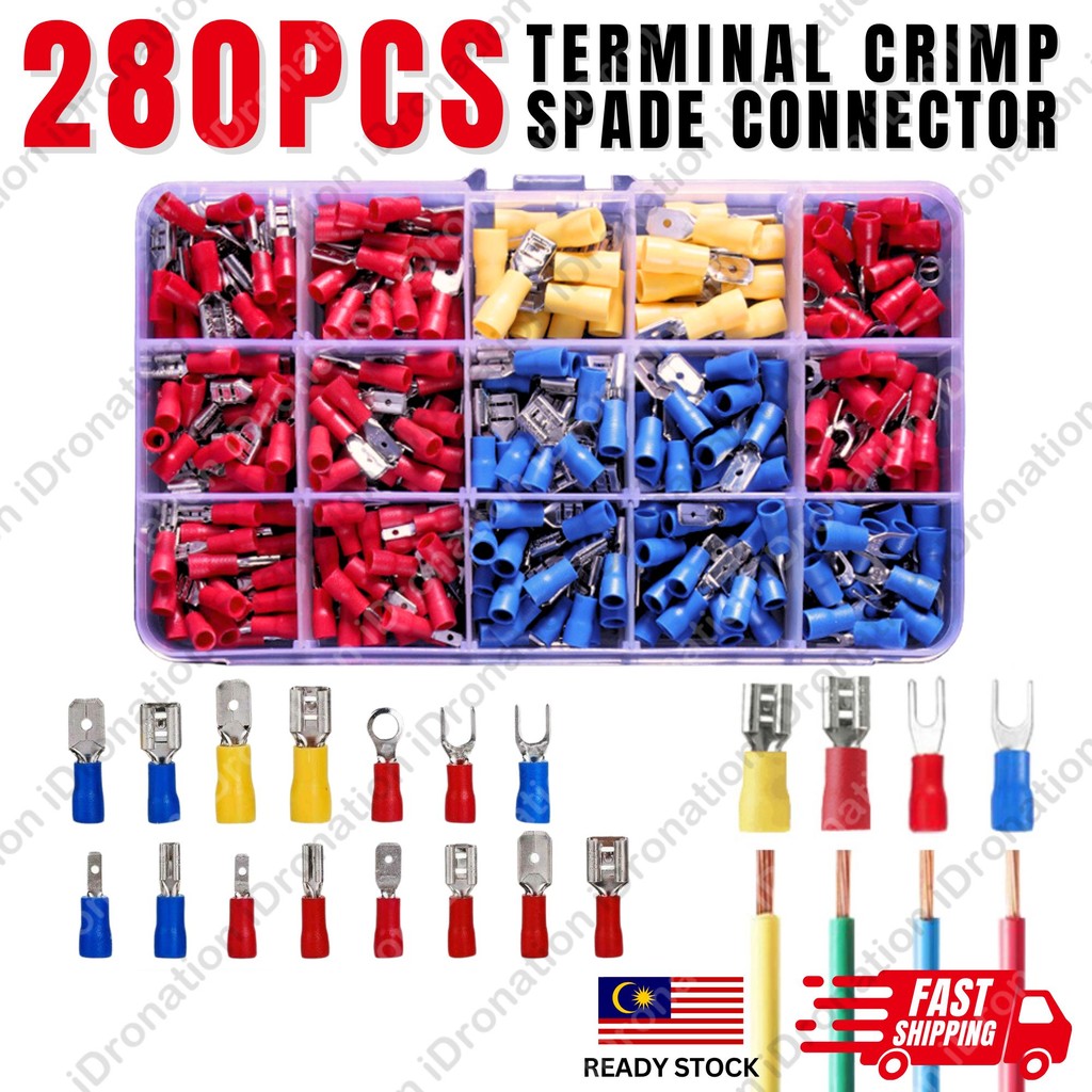 280PCS Insulated Terminal Crimp Wire Connector Spade Set Kit Butt ...