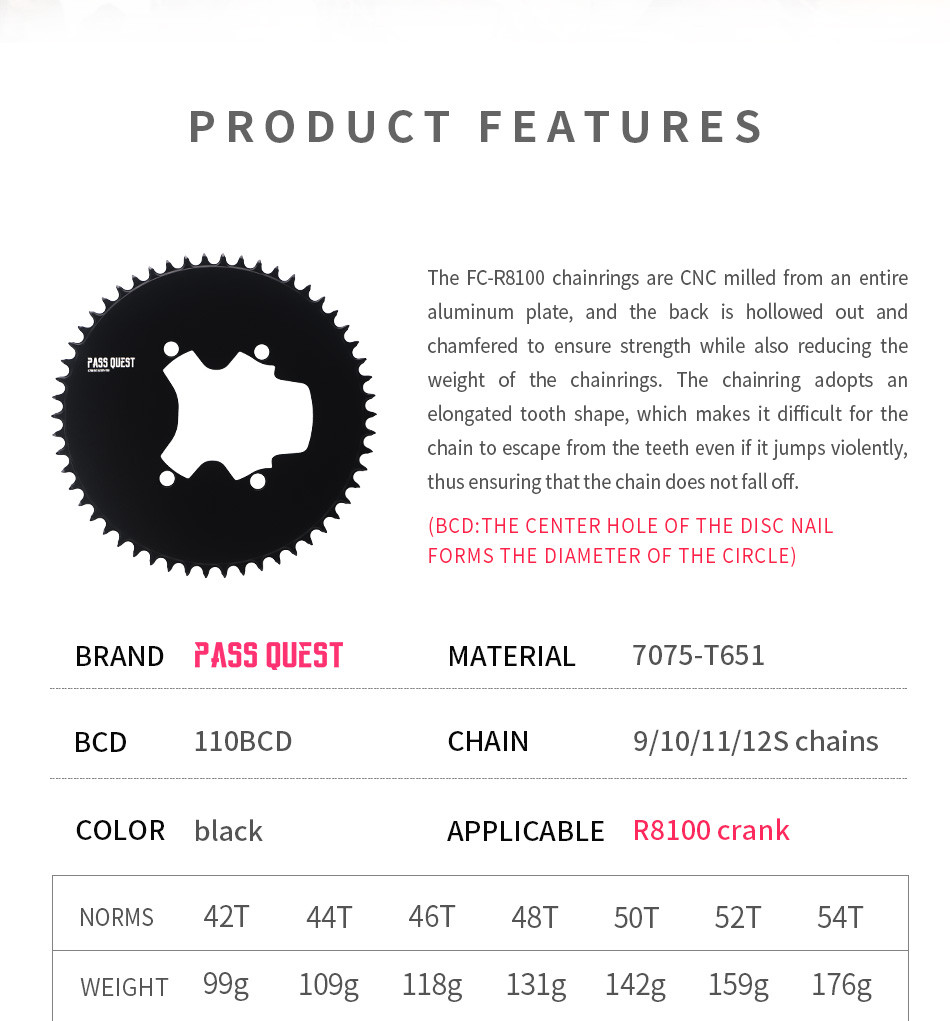 PASS QUEST Chainring R8100 110BCD 4-bolt AERO for Shimano Ultegra R8100 ...