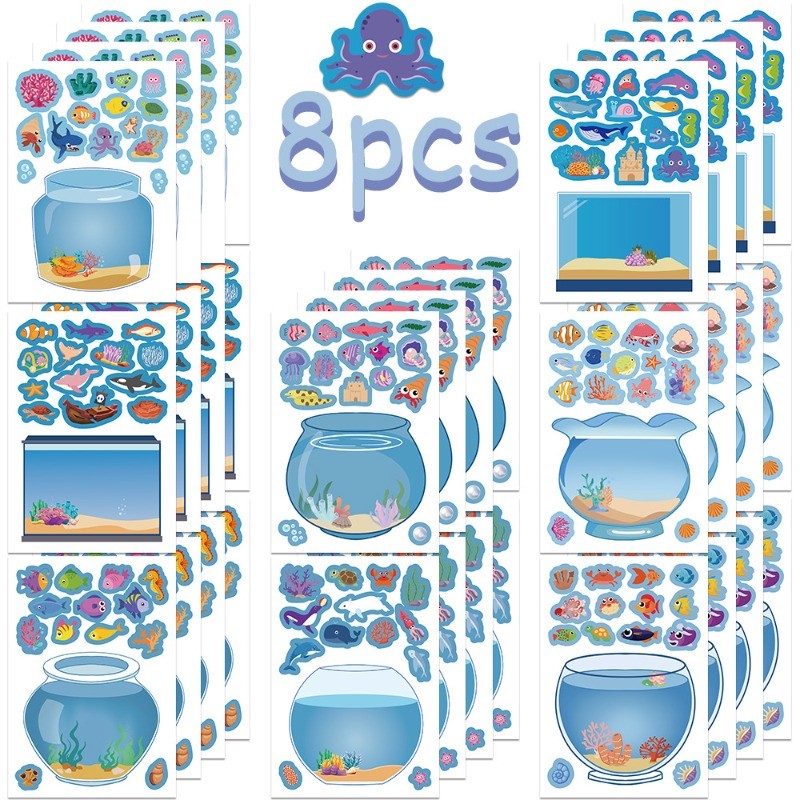8PCS Cartoon Dream Fish Tank Collage Ocean Fish/Coral Small Elements ...