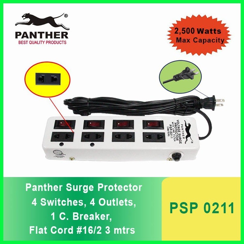 ☢ Panther PSP 0211 Extension Cord w/ Voltage Surge Protector 4 Switches ...