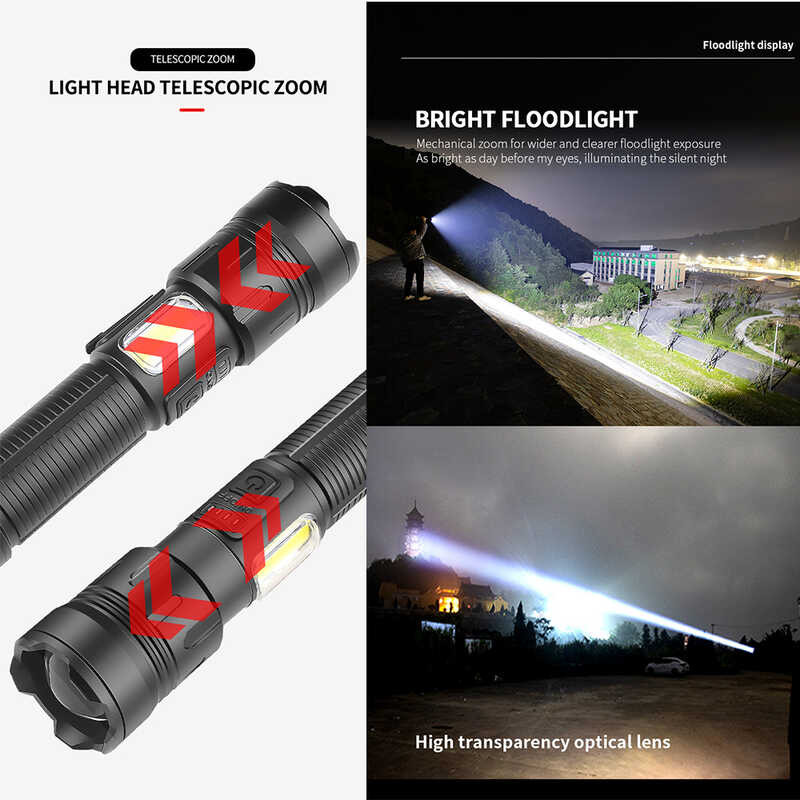 LED Powerful Flashlight With COB Side Lights Strong Lantern USB ...