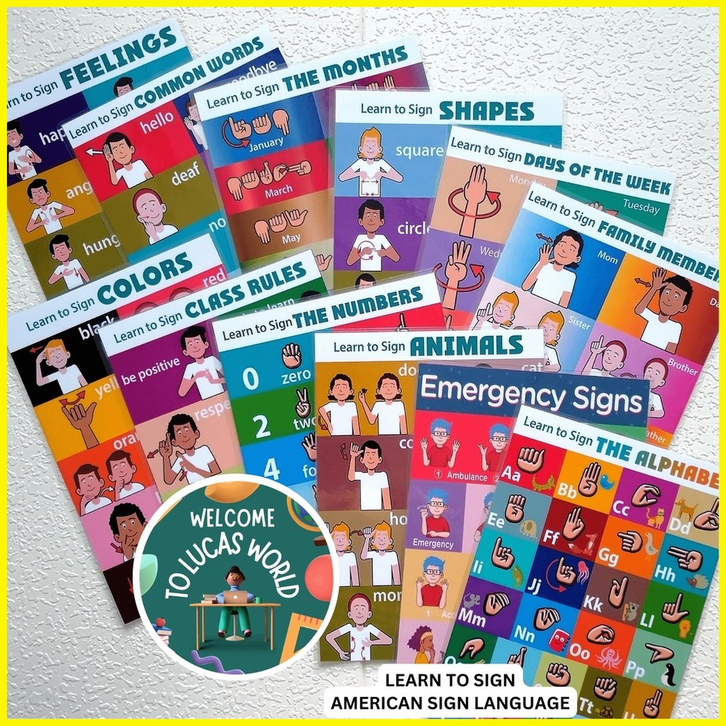 ASL AMERICAN SIGN LANGUAGE CHARTS POSTERS ALPHABET NUMBERS FEELINGS ...