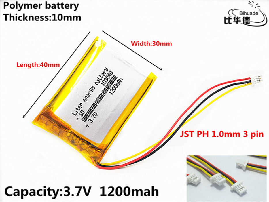 JST PH 1.0Mm 3 Pin Good Qulity 3.7V,1200Mah 103040 Polymer Lithium Ion ...