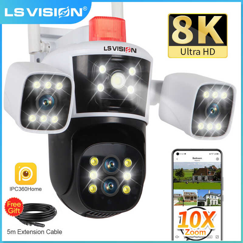 VISION LS 16MP 8K Three Screens IP PTZ Four Lens 10X Zoom Outdoor AI Human Tracking CCTV Wifi ...