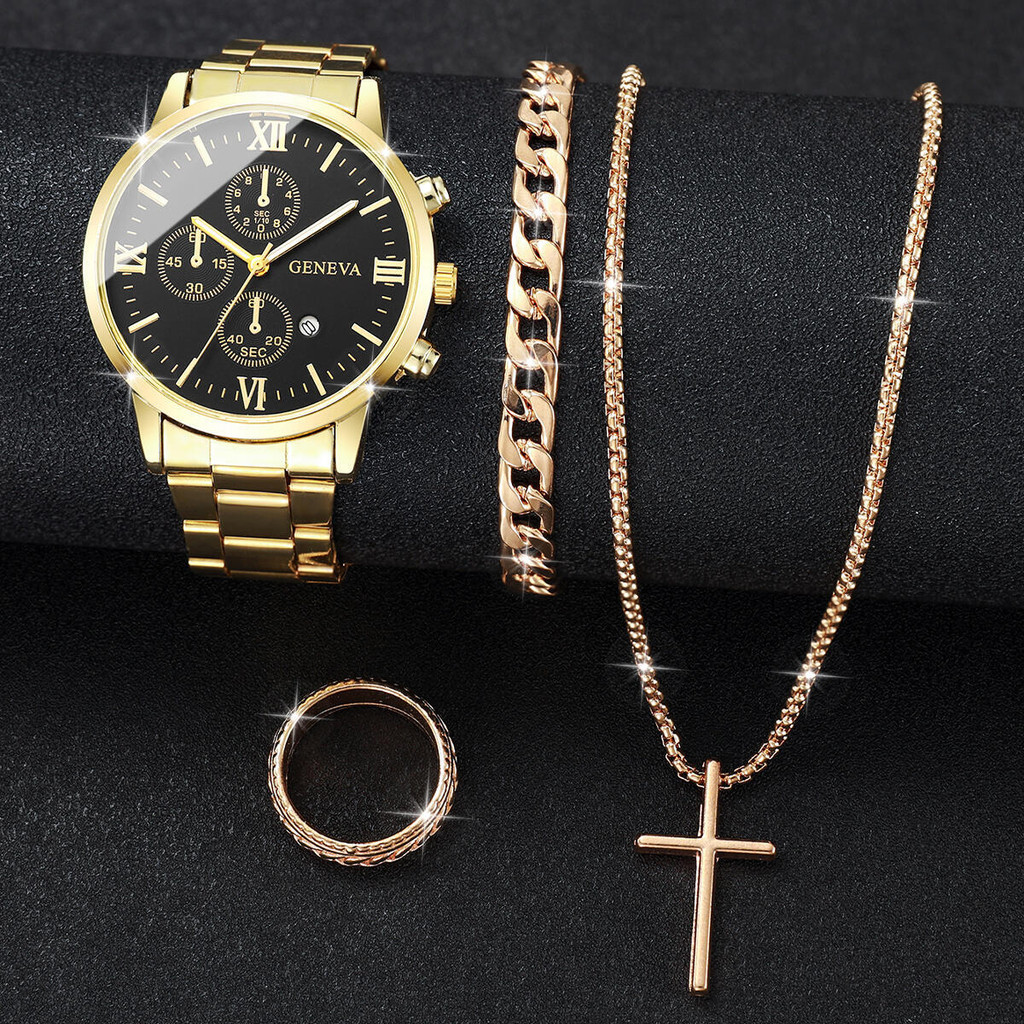 4PCs Men's Business Classic High-end Steel Strap Quartz Watch With ...