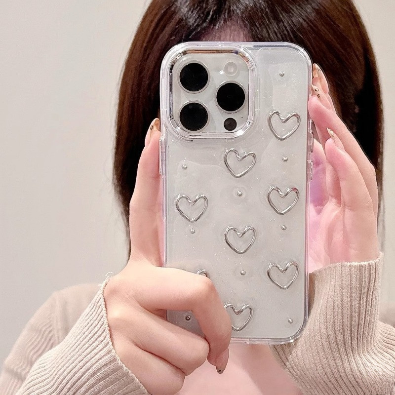 Luxury 3D Love Heart Crystal Silver Heart Phone Case For iPhone ...