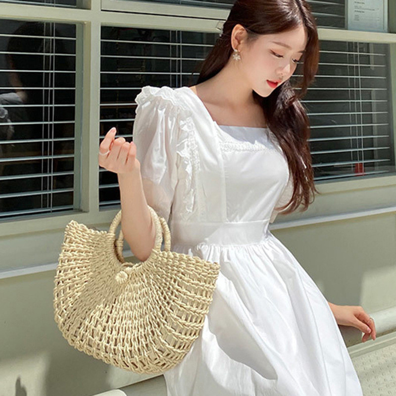 Small ♡ New Fre Grass Woven Bag Paper Rope Round Bucket Hollow Weaving ...