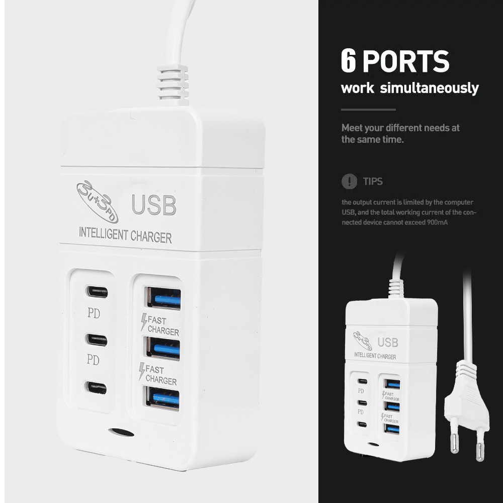 6 IN 1 USB Charger 35W PD Type C Fast Charge Charger Wall Phone Adapter ...
