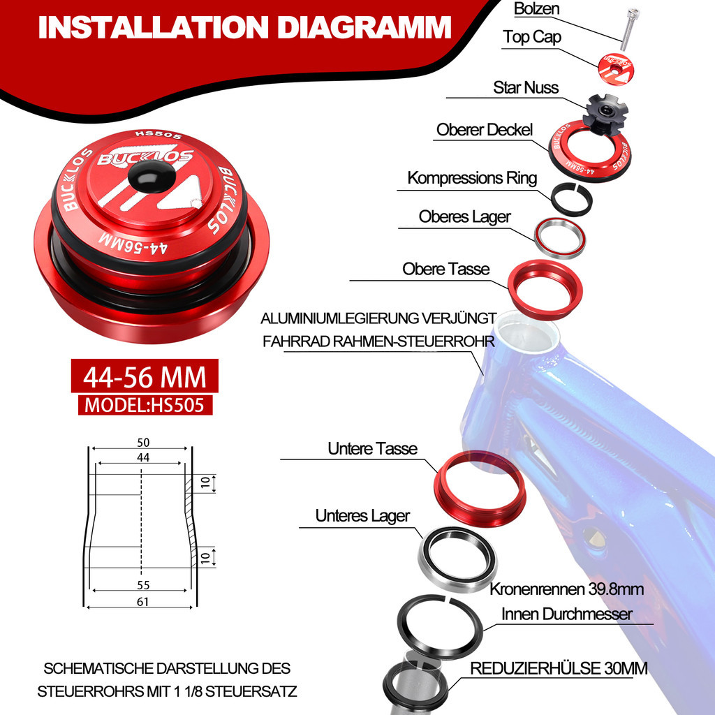 BUCKLOS MTB Headset 44mm Sealed Bearing 34/41.8/52/50.6/55/56mm Tapered Alloy Bike Head Set ...