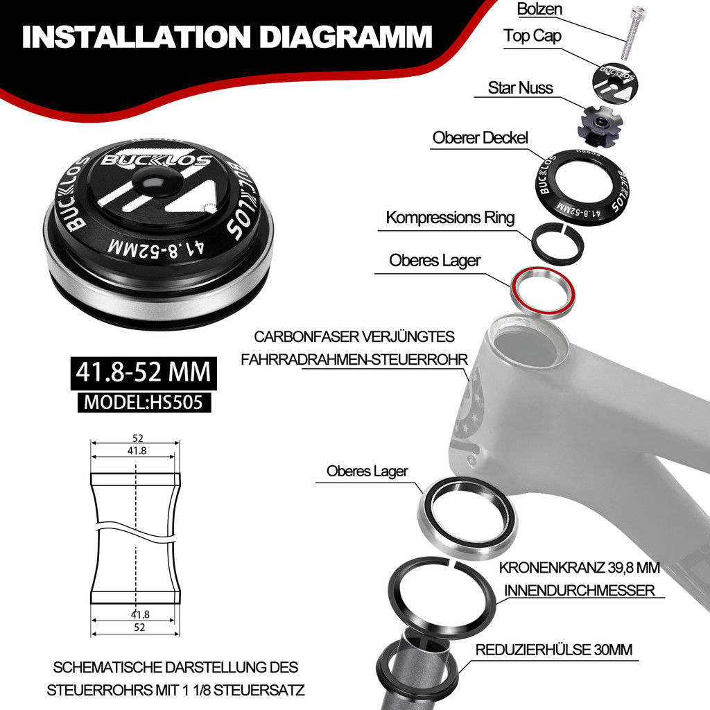 BUCKLOS MTB Headset 44mm Sealed Bearing 34/41.8/52/50.6/55/56mm Tapered ...