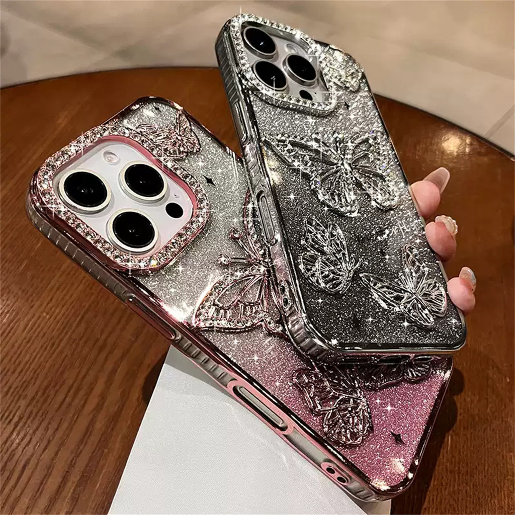 Glitter Butterfly Phone Case for iPhone 16 Pro Max Luxury Bling Diamond Transparent Plating ...