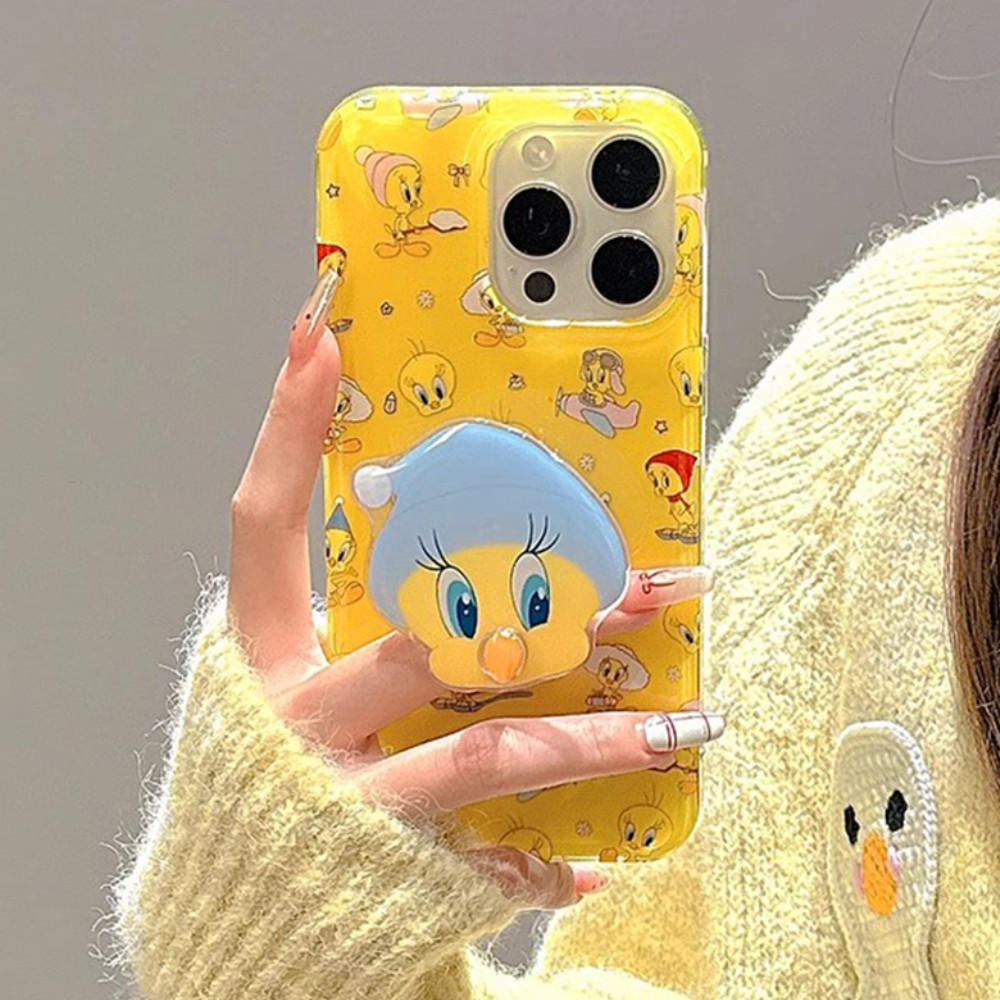 Lovely Cartoon Yellow Duck Phone Case with Bracket for iPhone 16 15 14 ...