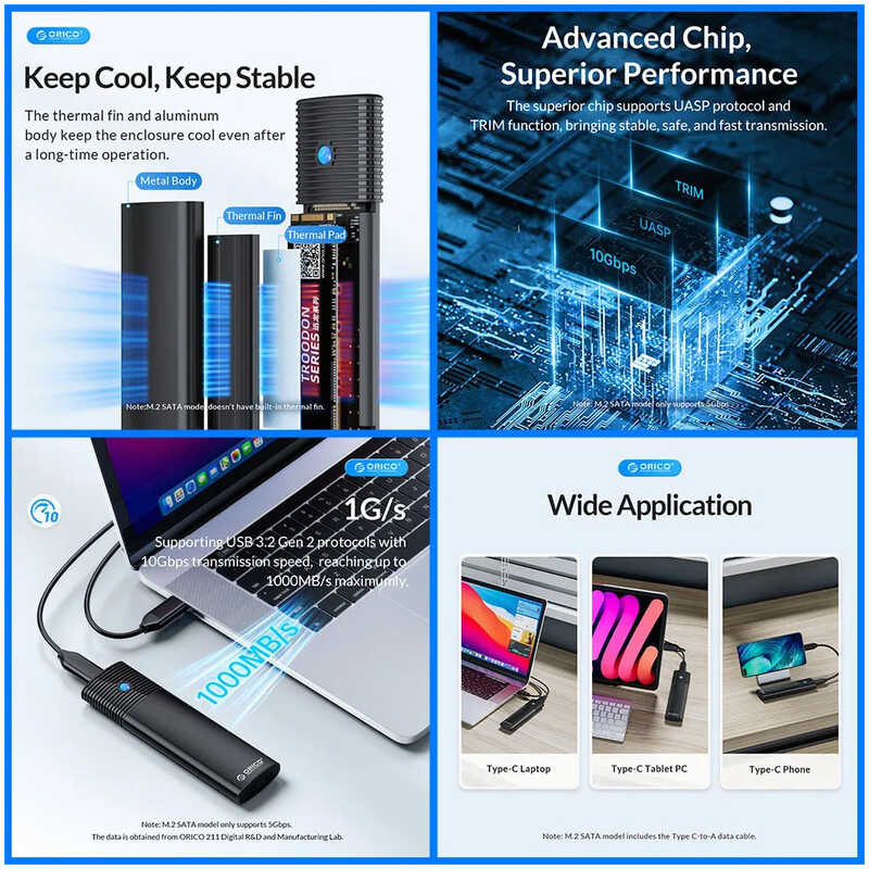10Gbps ORICO M.2 NVMe NGFF SATA SSD Enclosure USB 3.2 Gen2 Type C M2 ...