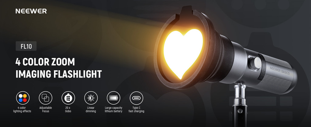 NEEWER FL10 BASICS Photography Flashlight with 4 Colors/20 Gobo Filters ...