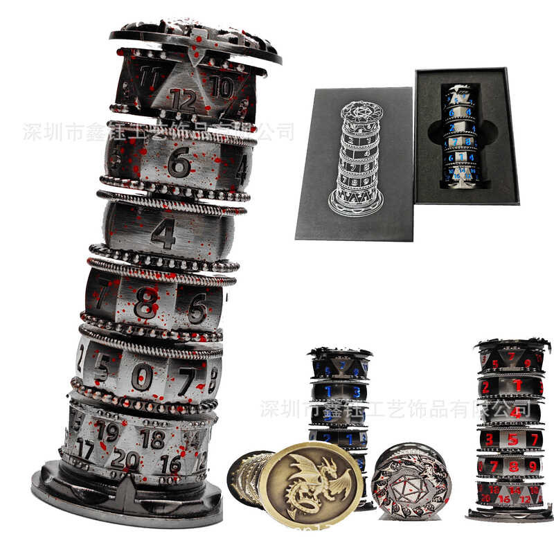 7-in-1 metal dice tower rotating DND dragon and dungeon polyhedra TRPG ...