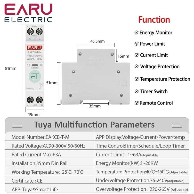 Wifi Ewek Smart Circuit Breaker MCB 1P 1-63A Power Energy Kwh Voltage ...