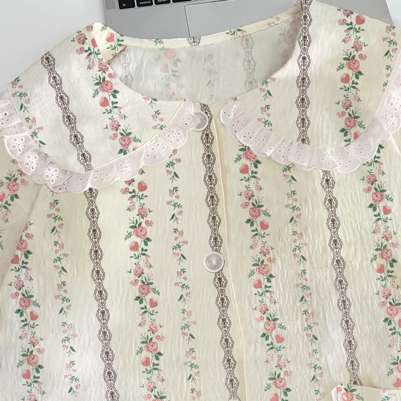 Cotton Doll Collar Vertical Bar Little flower Long Sleeve Pajamas ...